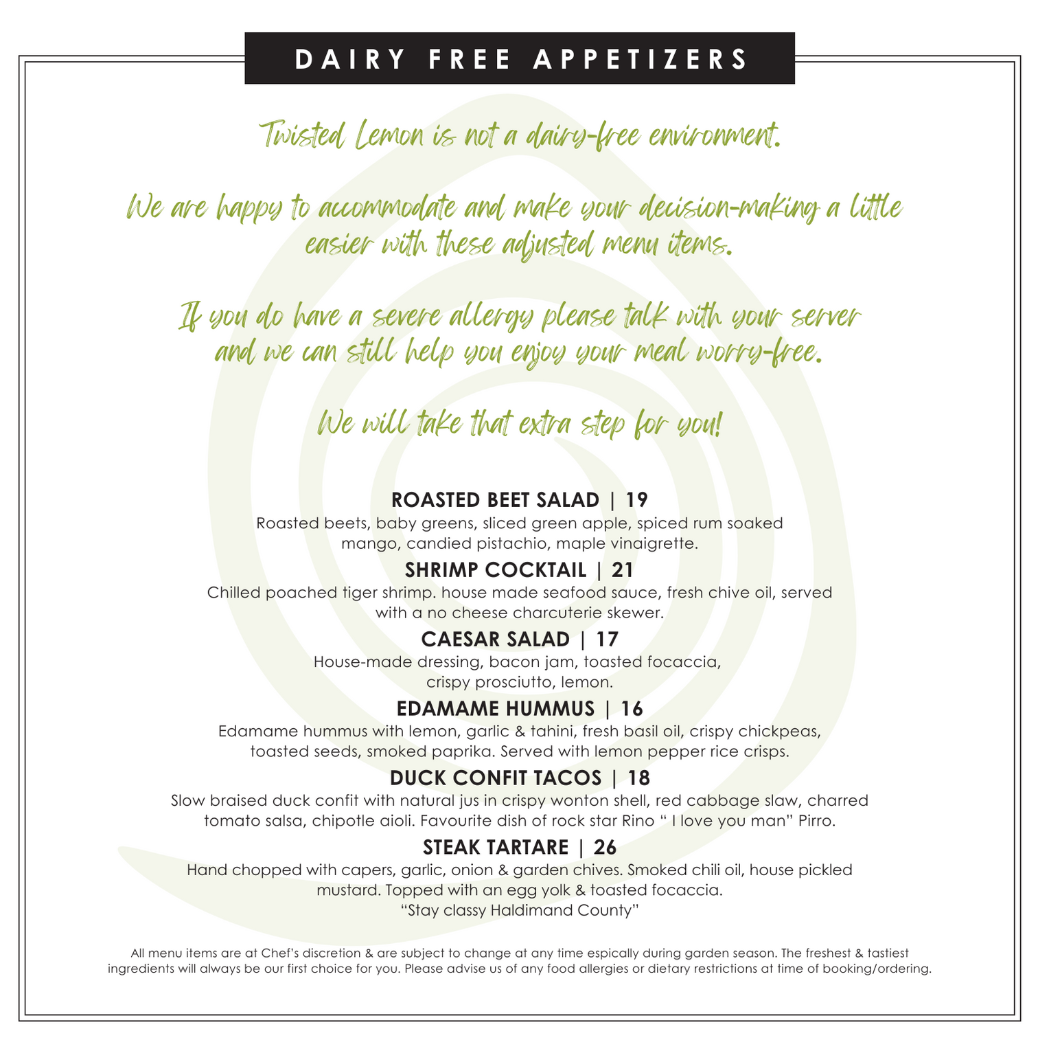 Dairy Free Menu | Twisted Lemon Restaurant – Twisted Lemon - Restaurant ...